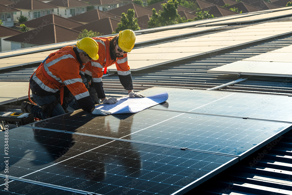 Worker Technicians are working to construct solar panels system on roof ...