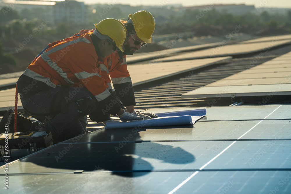 Worker Technicians are working to construct solar panels system on roof ...