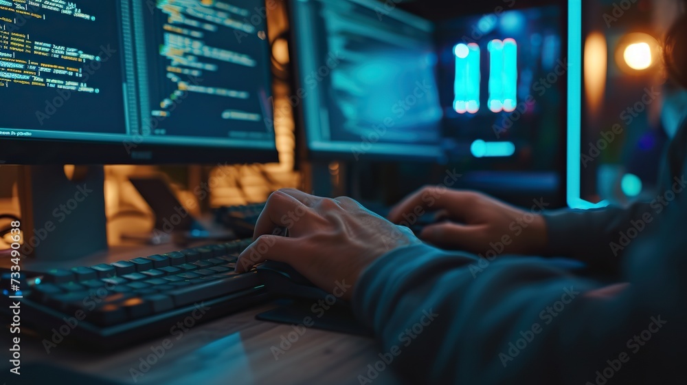 Programmer's hands type code on a keyboard, illuminated by the soft ...