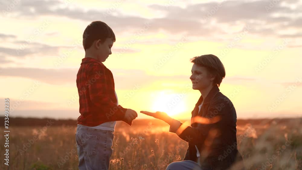 Son carefully gives hand to mother hugging in field with growing plants ...