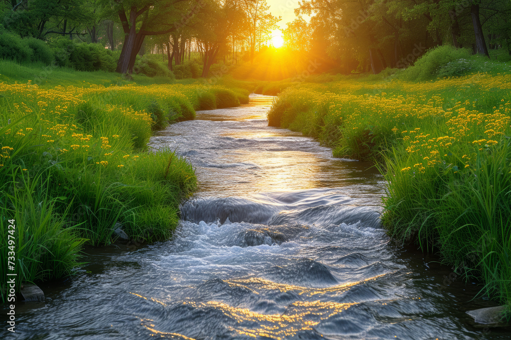 A gentle stream winding through a sunlit meadow, illustrating the life ...