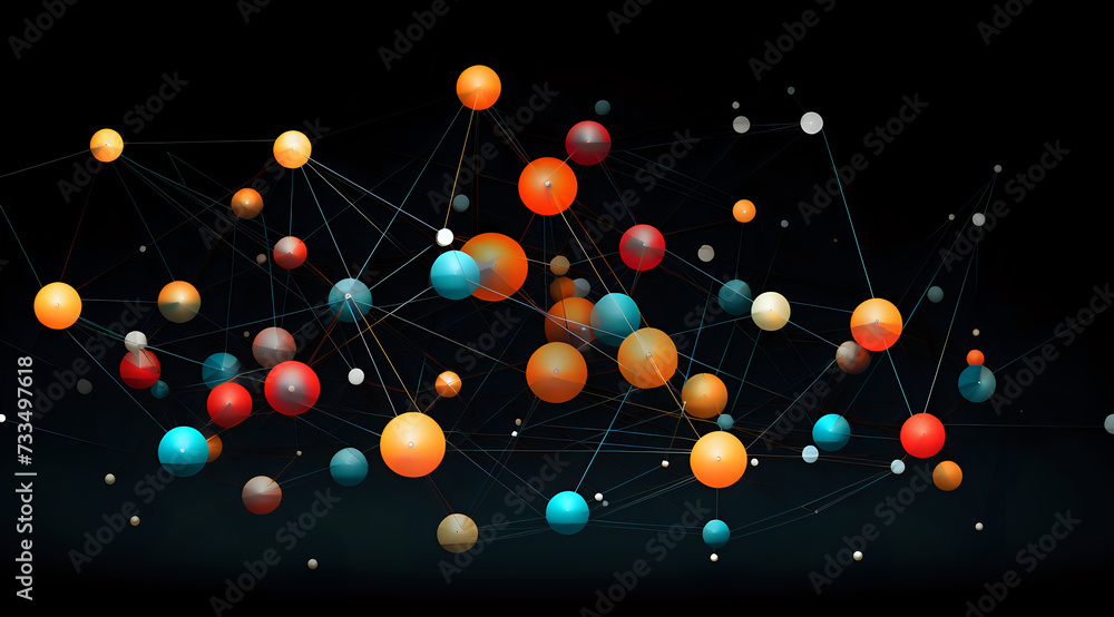 Dynamic Network Connections on Dark Background. Abstract illustration of colorful nodes and ...