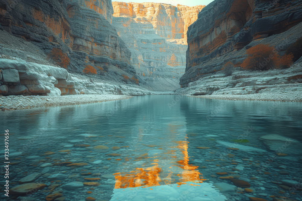 A quiet river winding through a canyon, carving its way through layers ...