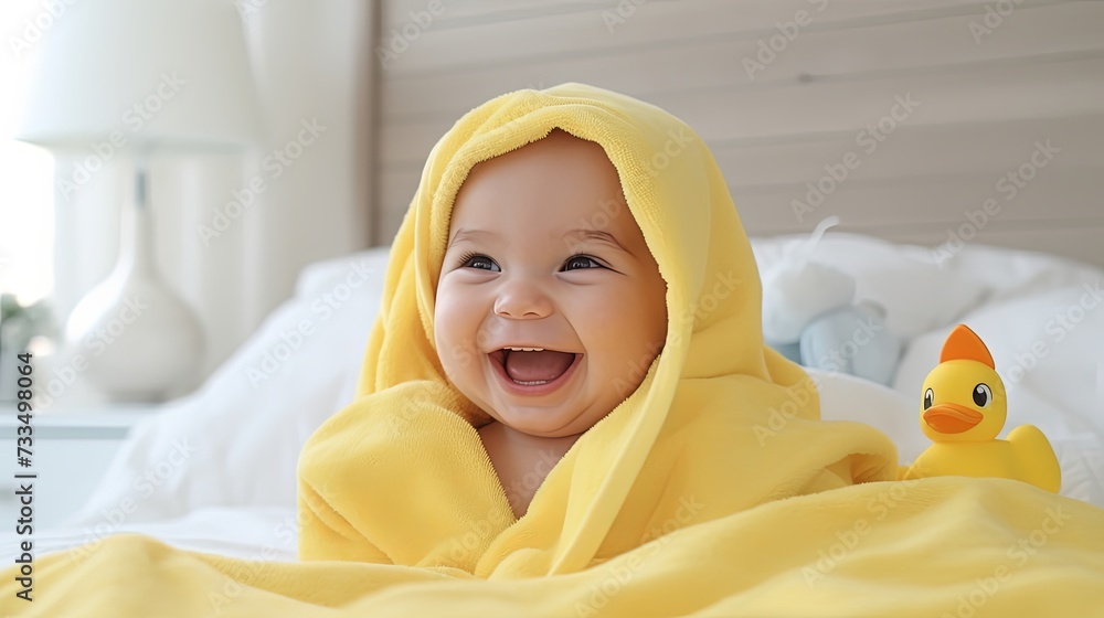 Happy laughing baby wearing yellow hooded duck towel sitting on parents ...