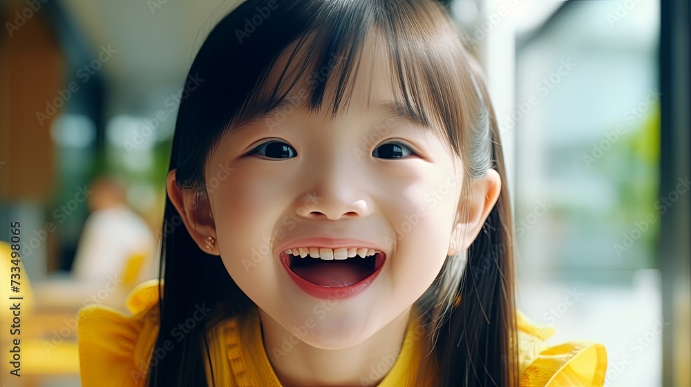 Happy Little Asian Girl child shows front teeth with a big smile and ...