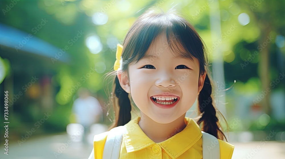 Happy Little Asian Girl child shows front teeth with a big smile and ...