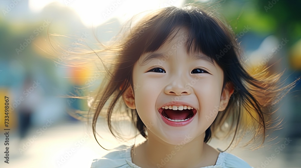 Happy Little Asian Girl child shows front teeth with a big smile and ...