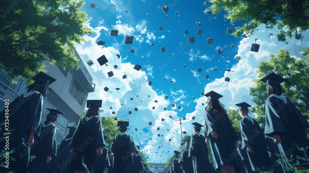 At sunset, the graduation caps are lined up in the sunset to complete ...