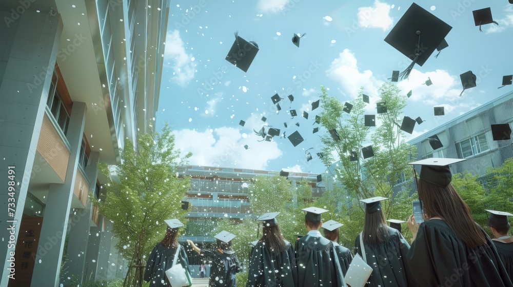At sunset, the graduation caps are lined up in the sunset to complete ...