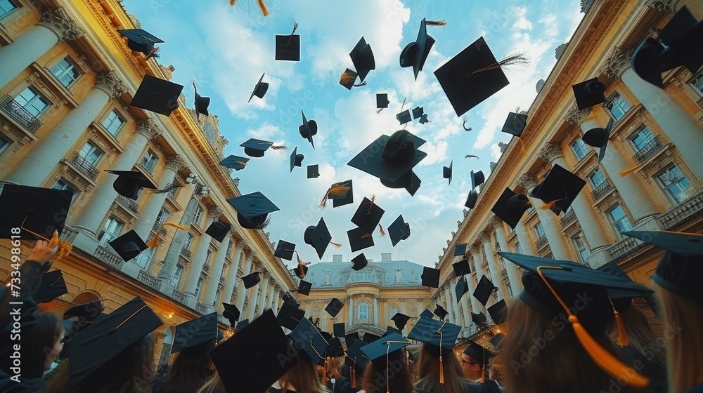 At sunset, the graduation caps are lined up in the sunset to complete ...