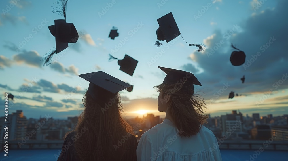 At sunset, the graduation caps are lined up in the sunset to complete ...