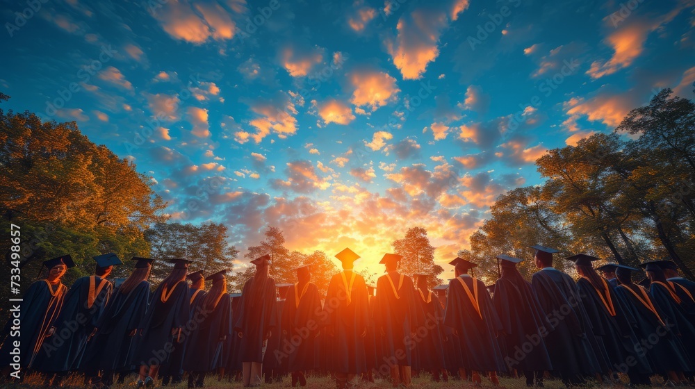 At sunset, the graduation caps are lined up in the setting sun to ...