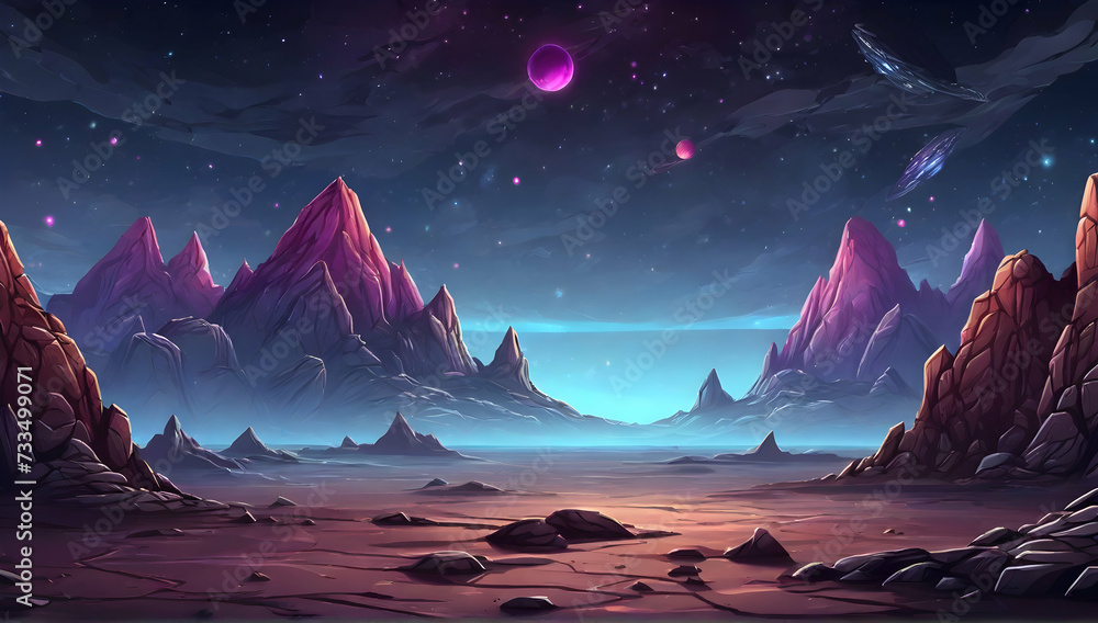 Cosmic background, alien planet deserted landscape with mountains ...