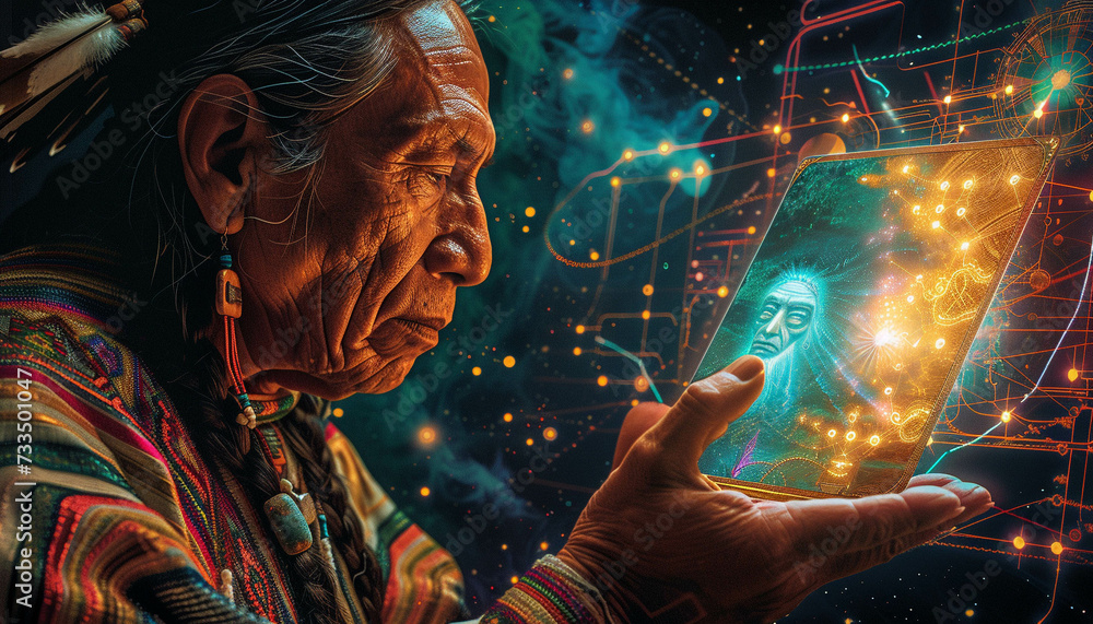 A Native American shaman holding a tarot card that reflects an axolotl ...