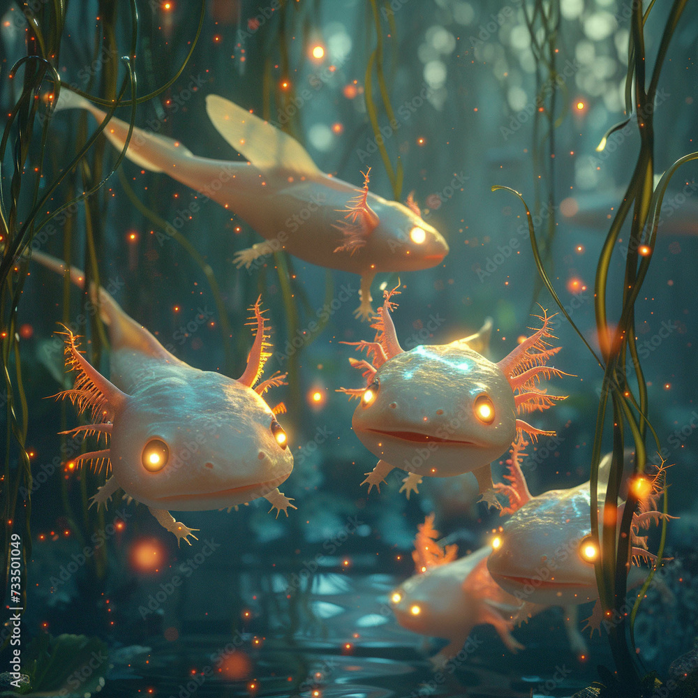 Axolotls swimming through a holographic forest parasites glowing like ...