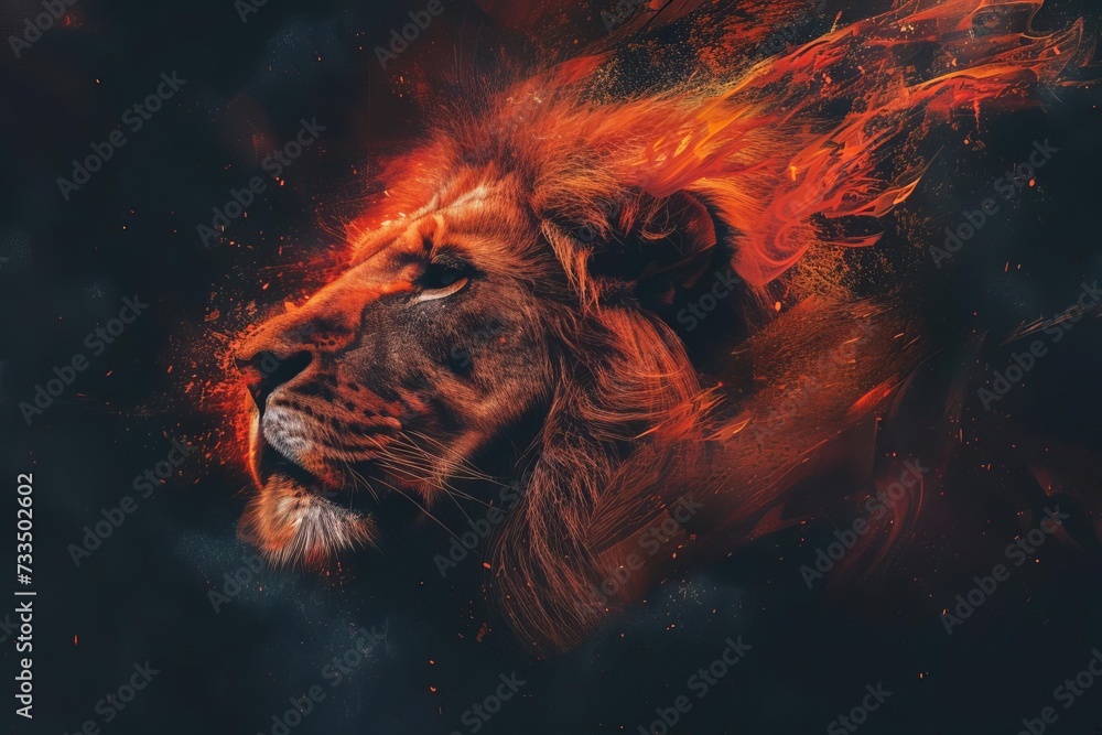 Fire lion portrait Blending the majestic beauty of a lion with the ...