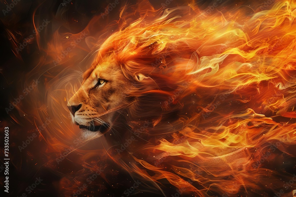 Fire lion portrait Blending the majestic beauty of a lion with the ...