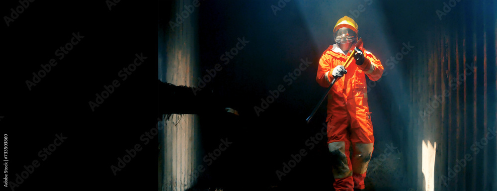 Firefighter Rescue training in fire fighting extinguisher. Firefighter ...
