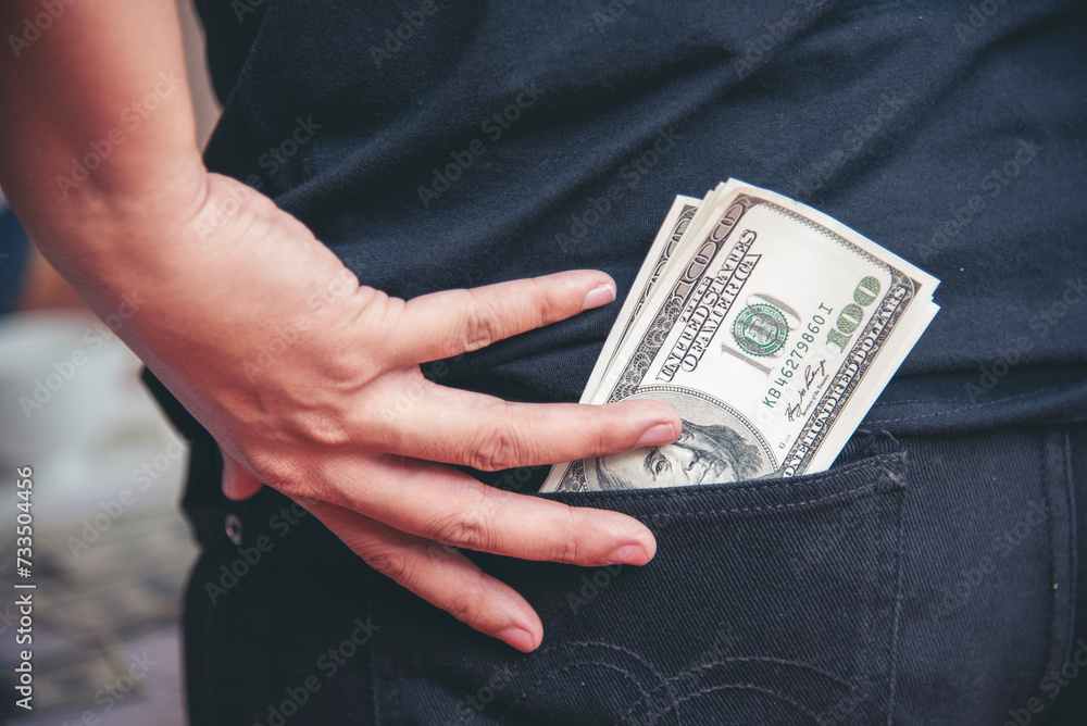 Hand holding money dollar bank note in wallet give financial payment ...