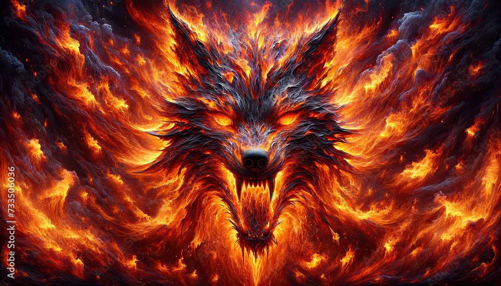 AI-generated of a fierce wolf emerging from a fiery inferno Stock-Foto ... AI-generated of a fierce wolf emerging from a fiery inferno Stock-Foto ...