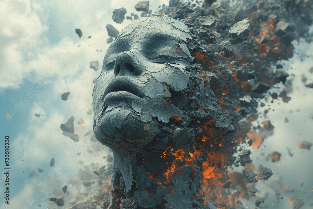 A fragmented person with levitating body parts, conveying the fractured ...