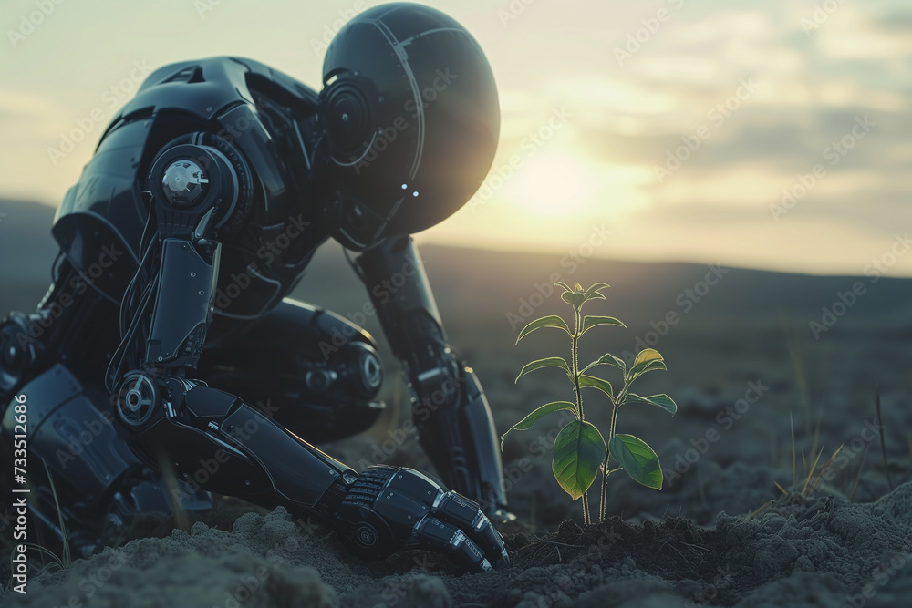 Environment concept, An autonomous robot gently plants a young tree ...