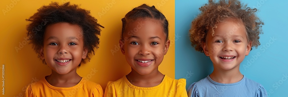 Positive kids of different races pose for a photo session, promoting ...
