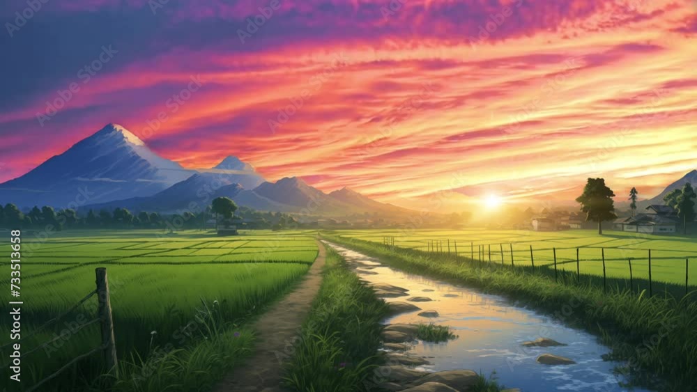 Animation of rice fields with flowing rivers and mountain views ...