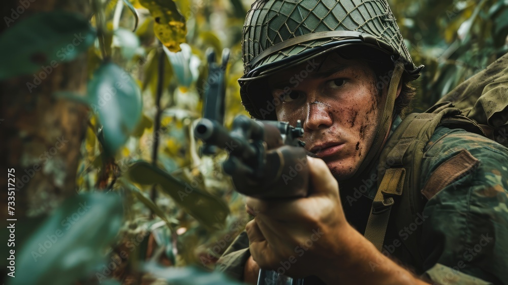 Vietnam War Saga: Intrepid Soldier Bearing M16, Wearing Jungle Fatigues ...