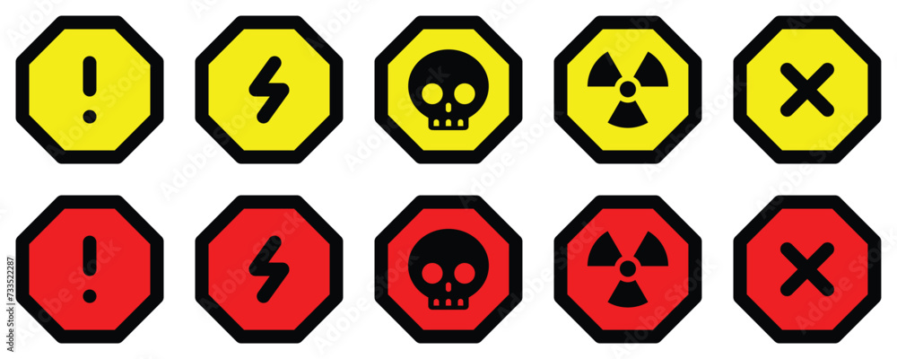 set attention red yellow octagon sign warning electric alert ...