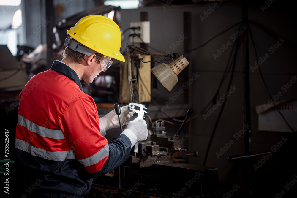 Industry engineer wearing safety uniform used vernier caliper to ...