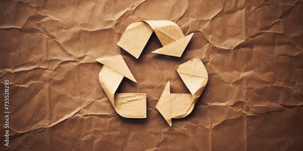 Recycle symbol made of crumpled paper on brown paper background Eco ...