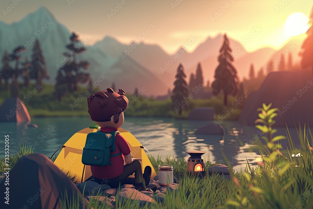 A 3d man camping, asset game, in the style of texture-rich landscapes ...