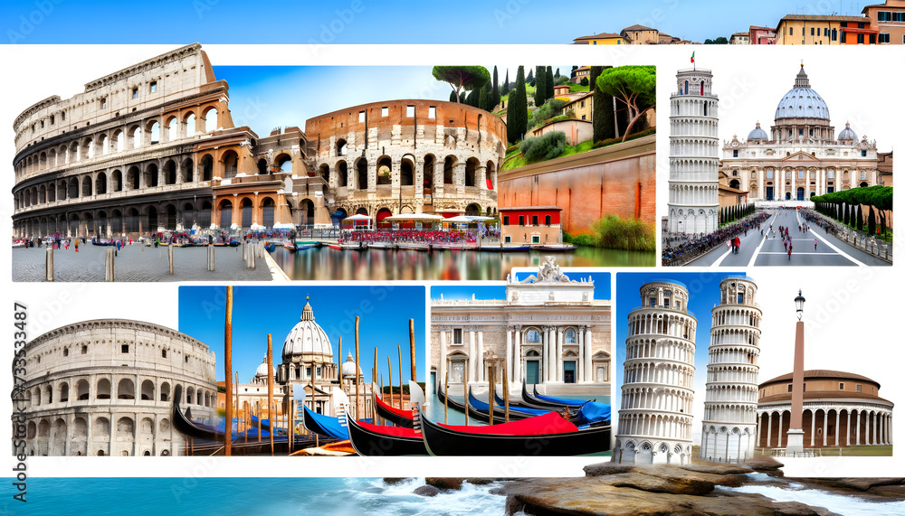 a panoramic collage featuring Italy's iconic landmarks. The image ...