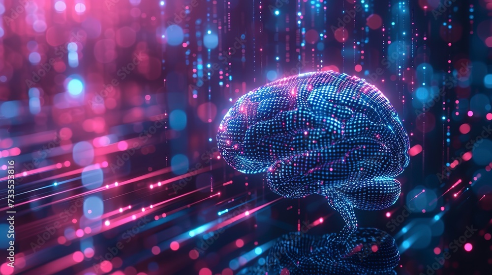 Innovative AI startup logo, vibrant digital brain, tech ecosystem background, floating code ...