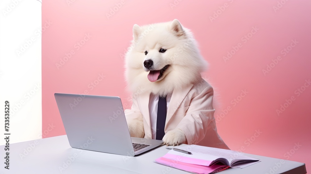 Samoyed dog in suit using a laptop while working on bright pastel ...