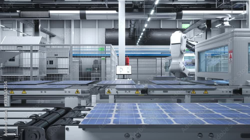 Vidéo Stock Robotic arms in cutting edge solar panel factory handling ...