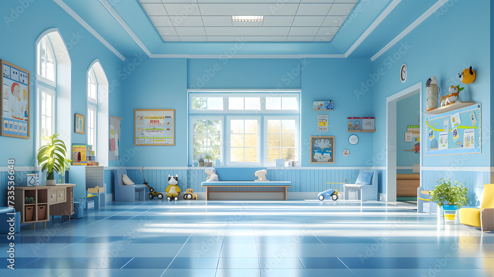 Bright Blue Children's Hospital Room with Educational Toys. Spacious ...
