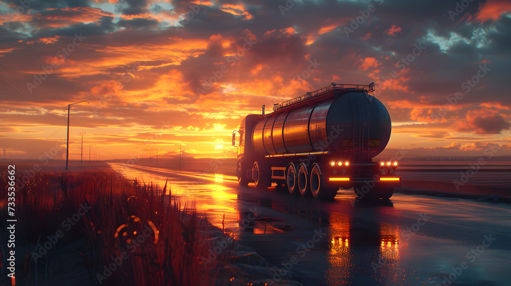 Large fuel tanker. A tanker truck travels on a wet highway reflecting ...