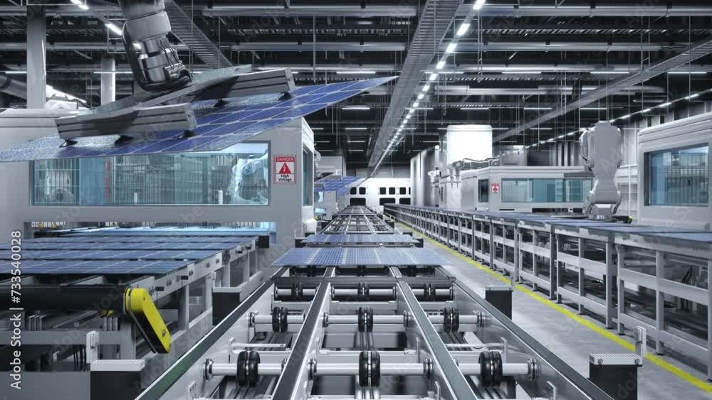 Autonomous robot arms in cutting edge solar panel factory maneuvering ...