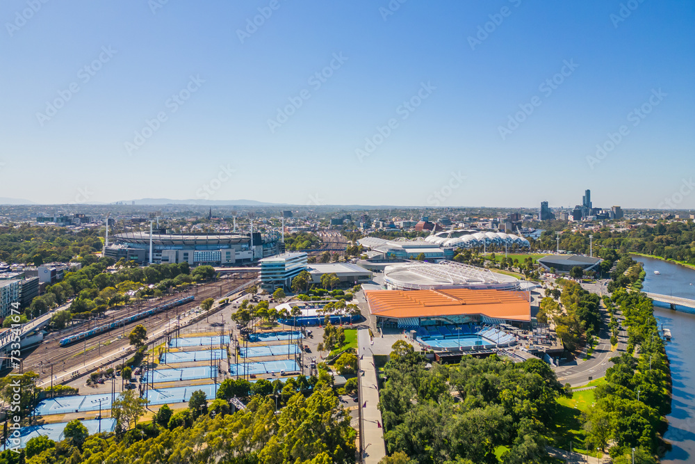 An aerial view of the Melbourne Sporting Complex showing the MCG ...