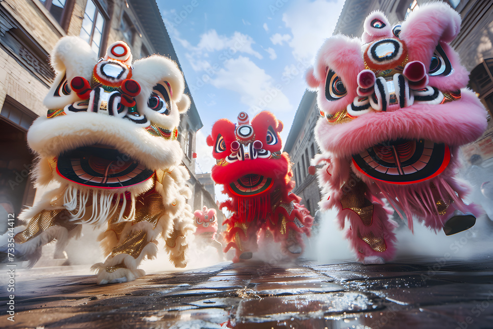 Chinese lion dancing and celebrating the Chinese New Year in the street ...