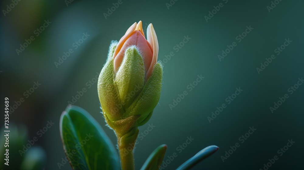 The lush green of a budding flower, its petals just opening, adorned ...
