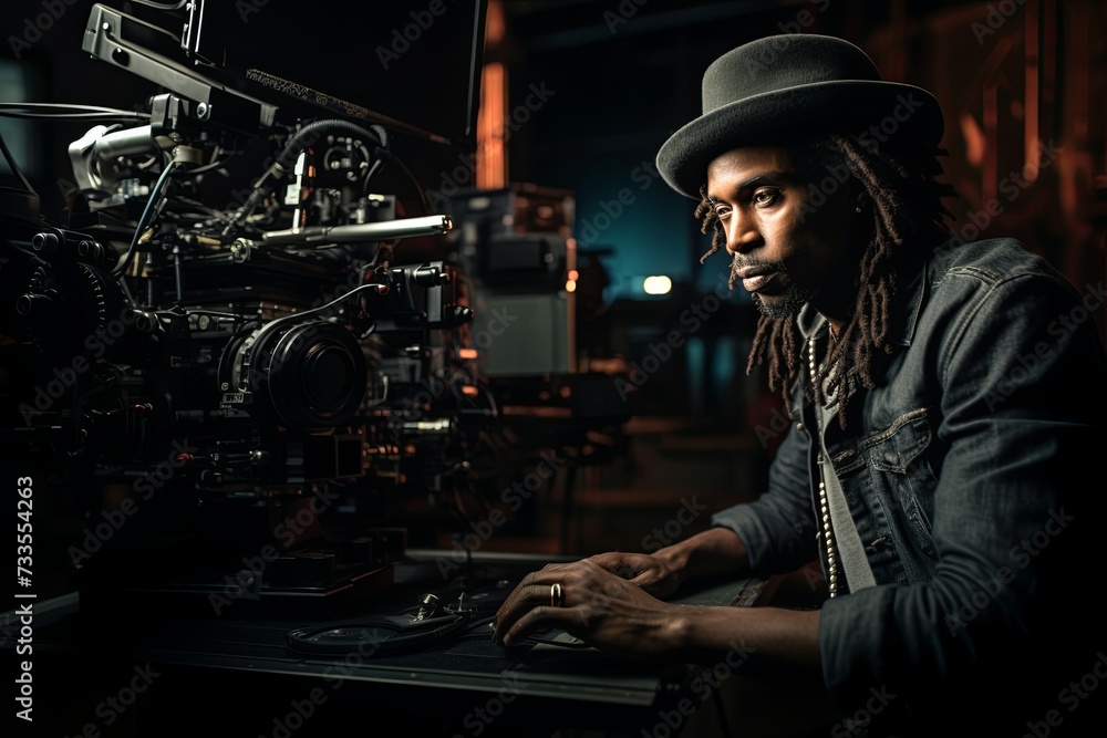 Black filmmaker using high-end camera in dim studio. Stock-Foto | Adobe ...