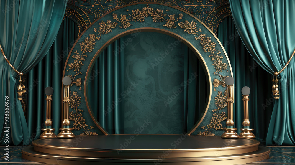 Empty round podium with luxury Islamic background with gold Arabic ...