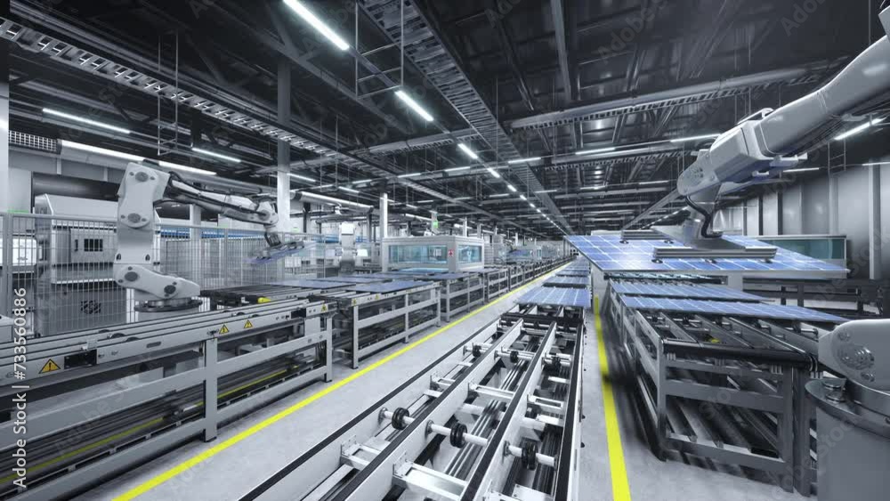 Solar panels being moved by robot arms on conveyor belts during high ...