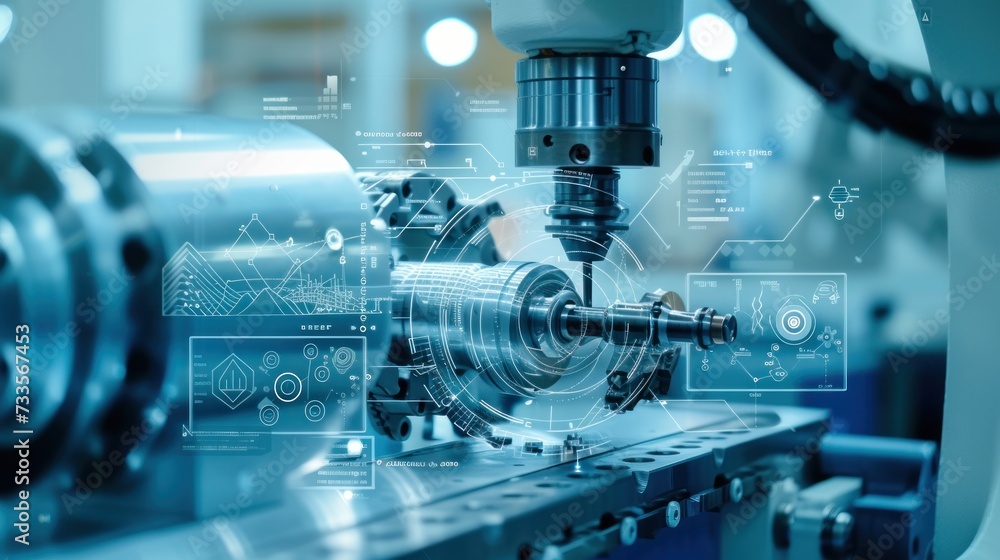 In the manufacturing facility, the AI robotic arm expertly controls the ...