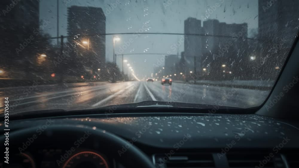 view from the car windscreen during rain and wet. car driving in the ...