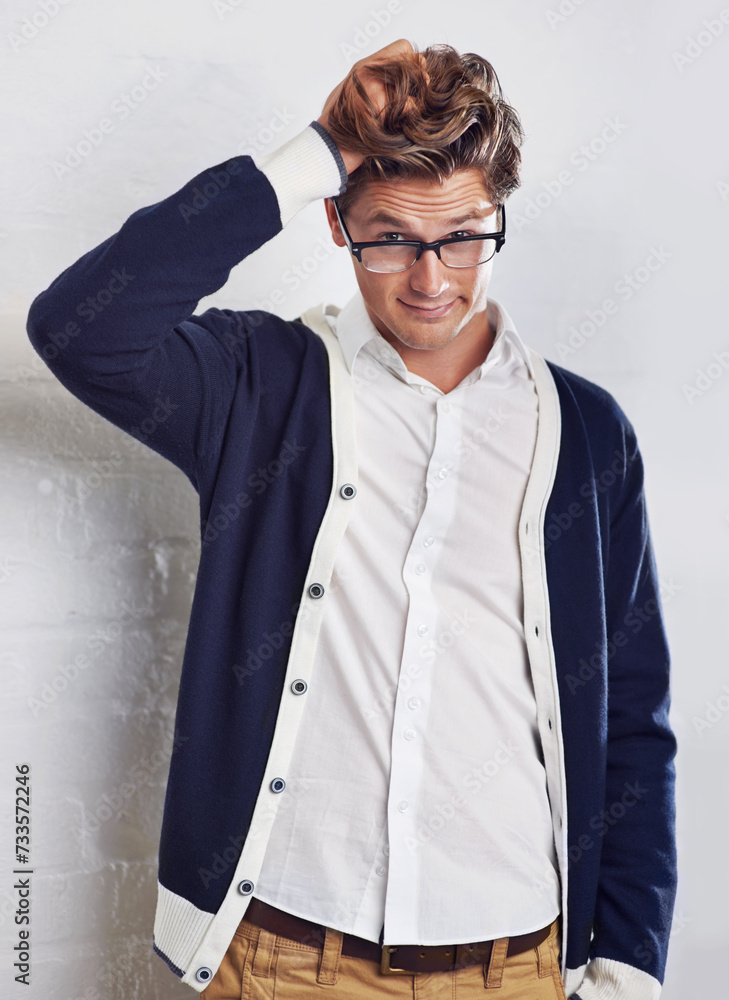 Confused, thinking and portrait of man with scratching head, gesture or ...