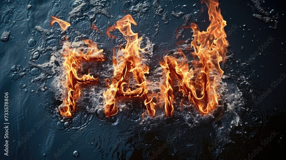 Word formed from flames and water in close up, blending elements of ...